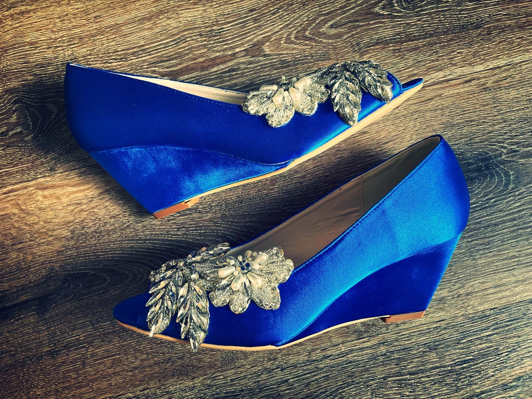 Royal Blue Satin Peep Toes Wedges With Rhinestone Beaded - Etsy