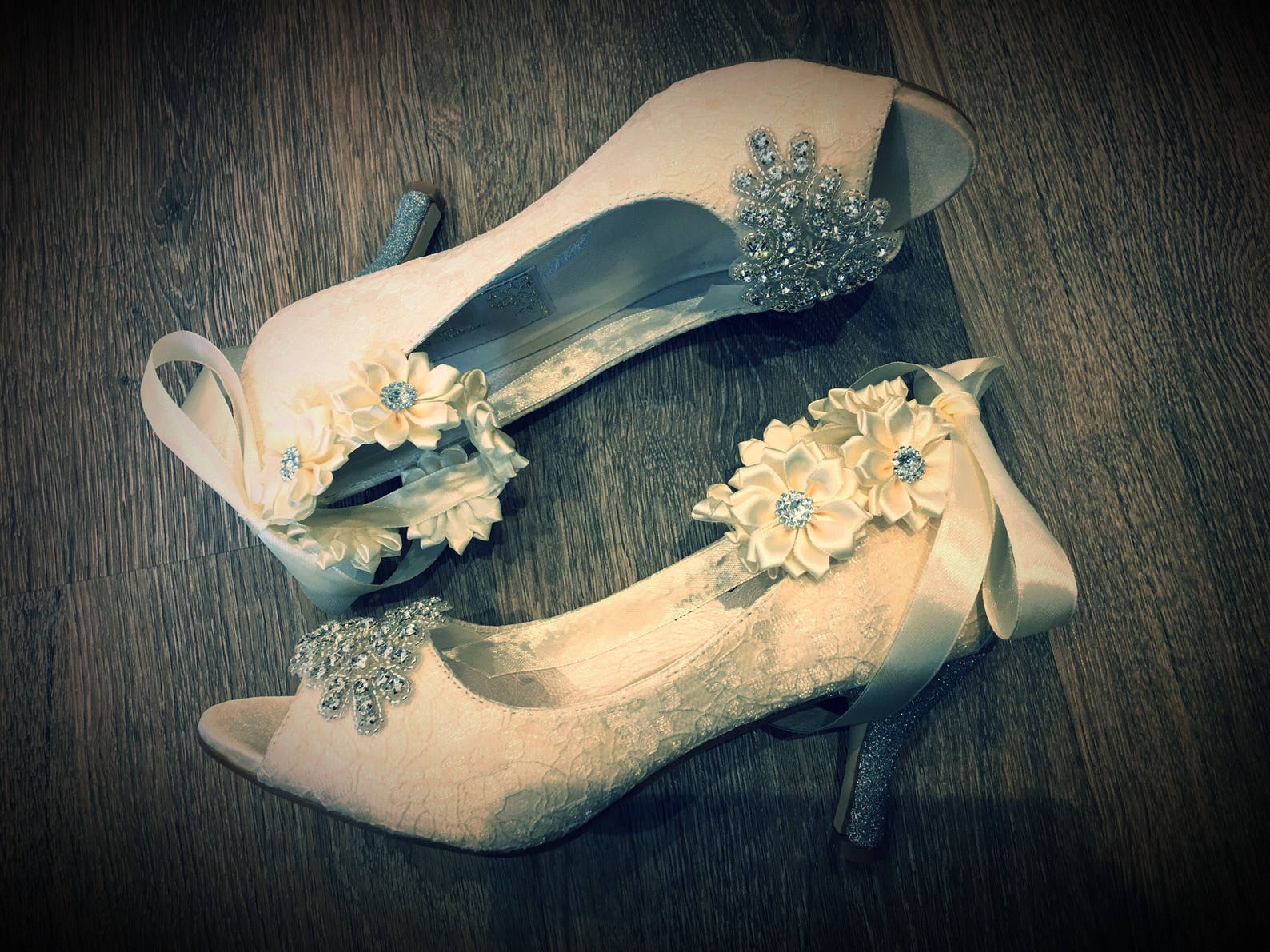 Low Heel Ivory Lace Covered Peep Toes With Rhinestone - Etsy