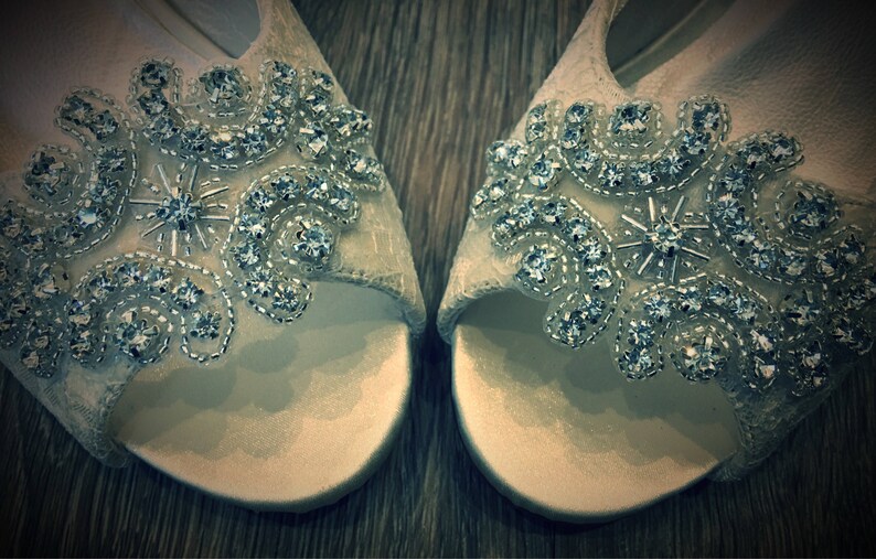 Low Heel Ivory Lace Covered Peep Toes With Rhinestone - Etsy