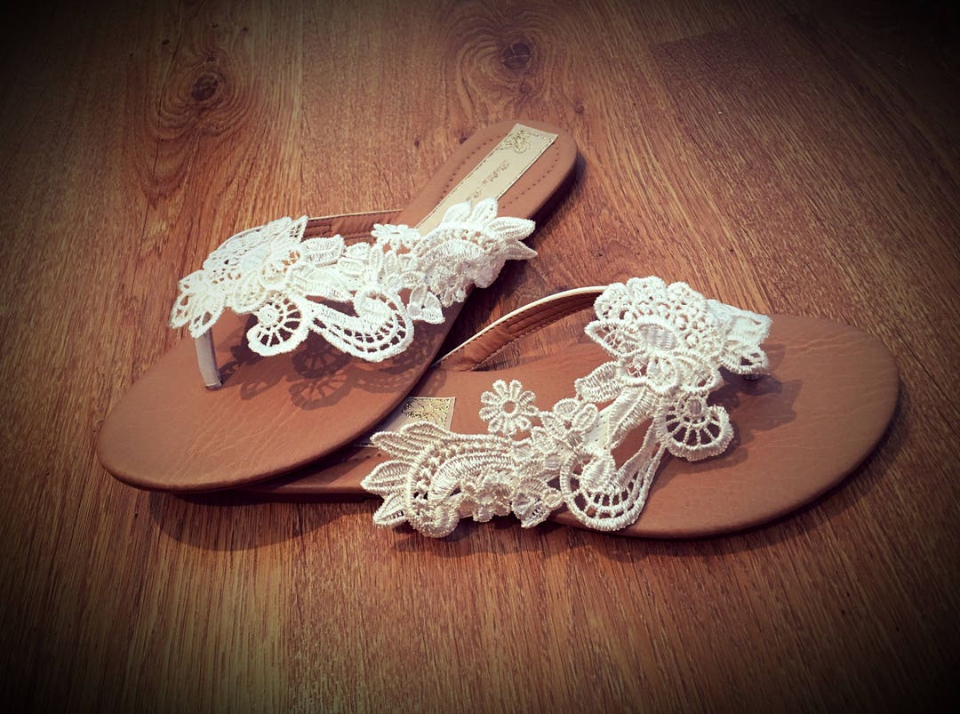 Ivory or White Pretty Bridal Wedding Lace Flip Flops Flat Sandals - Etsy