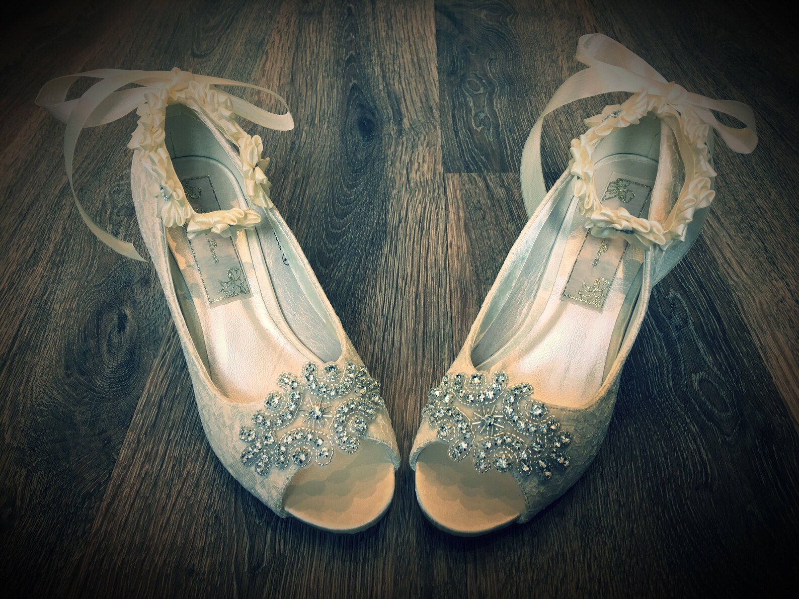 Low Heel Ivory Lace Covered Peep Toes With Rhinestone - Etsy