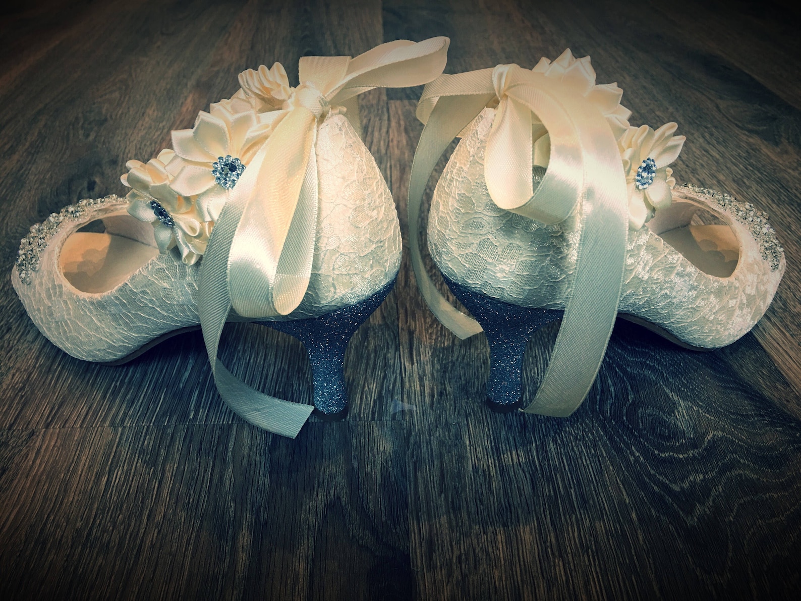 Low Heel Ivory Lace Covered Peep Toes With Rhinestone - Etsy