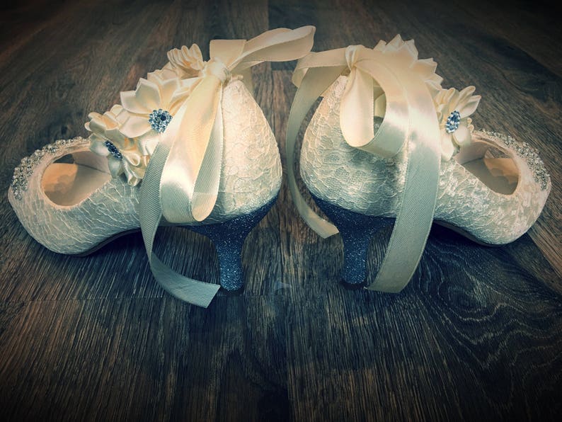 Low Heel Ivory Lace Covered Peep Toes With Rhinestone - Etsy