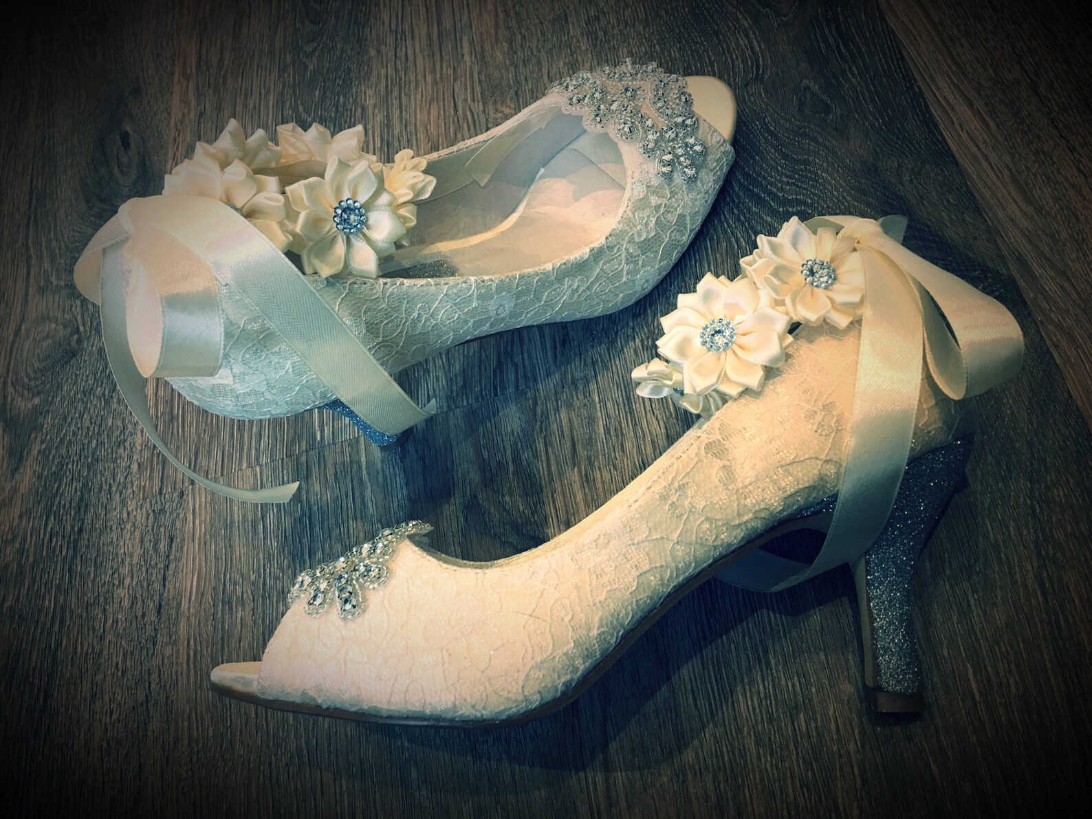 Low Heel Ivory Lace Covered Peep Toes With Rhinestone - Etsy