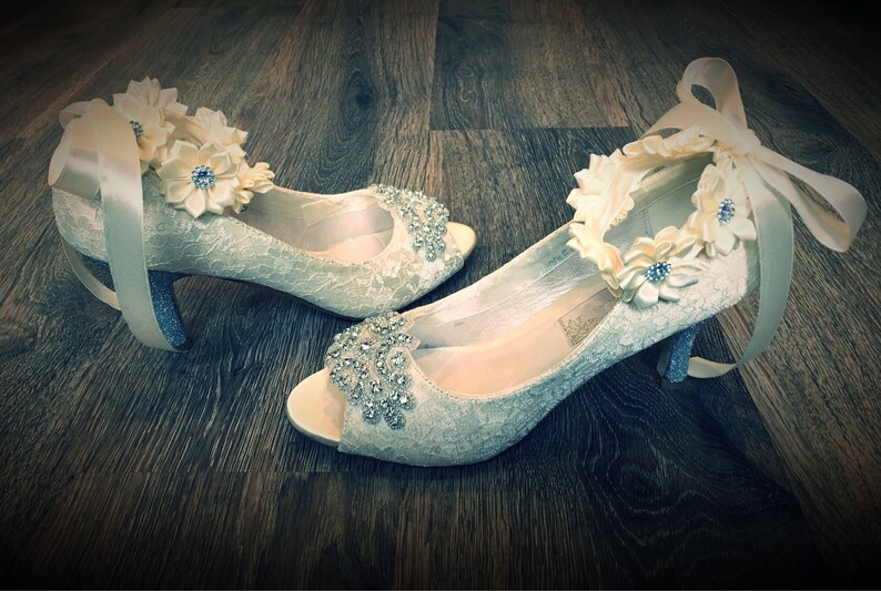 Low Heel Ivory Lace Covered Peep Toes With Rhinestone - Etsy
