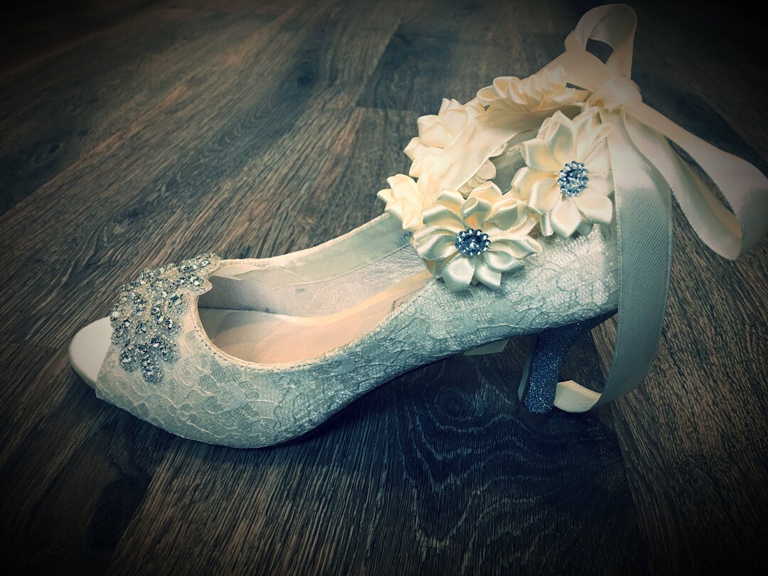Low Heel Ivory Lace Covered Peep Toes With Rhinestone - Etsy