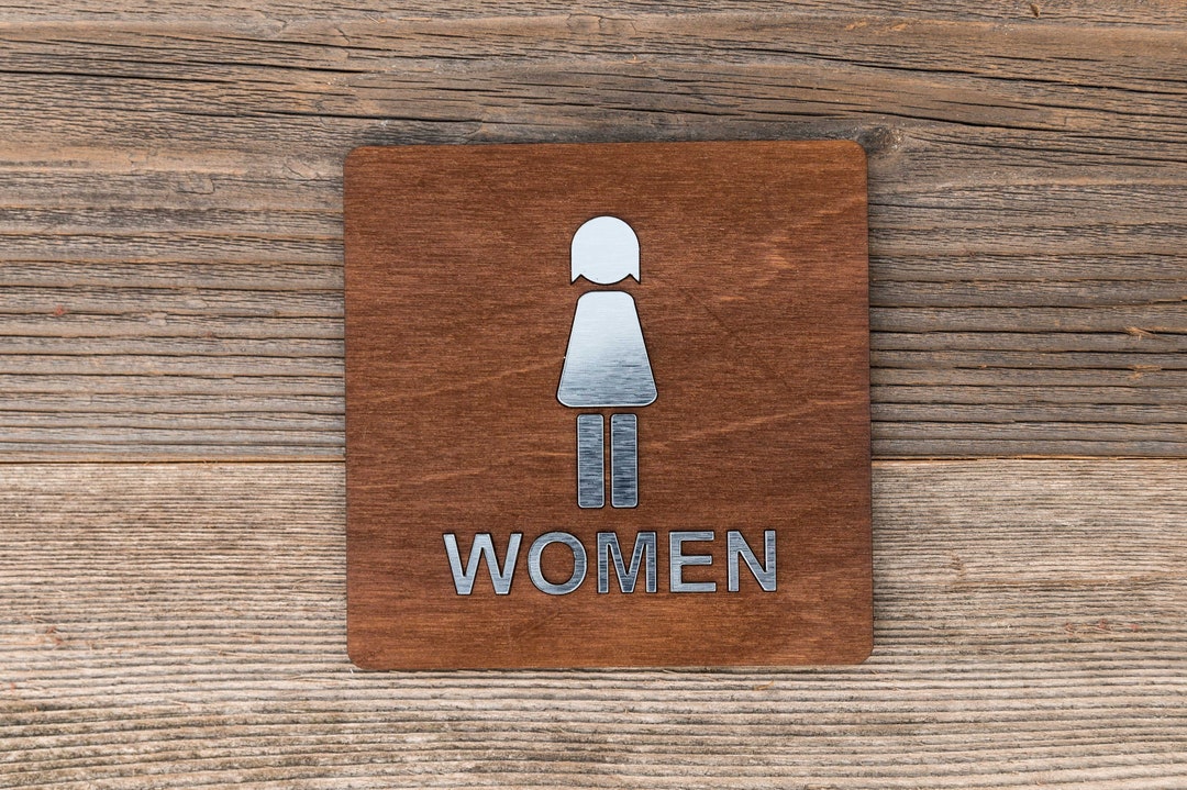Wooden Women Restroom Door Signs With Faux Metal Insert. Brushed Steel ...