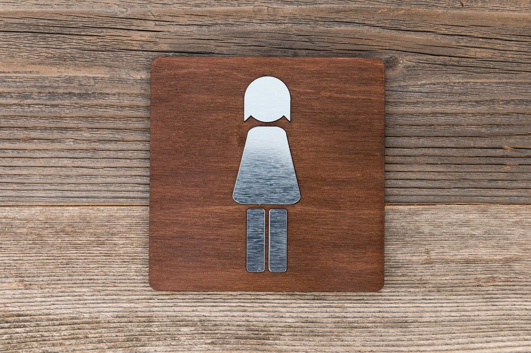 Wooden Women Restroom Door Signs With Faux Metal Insert. Brushed Steel ...