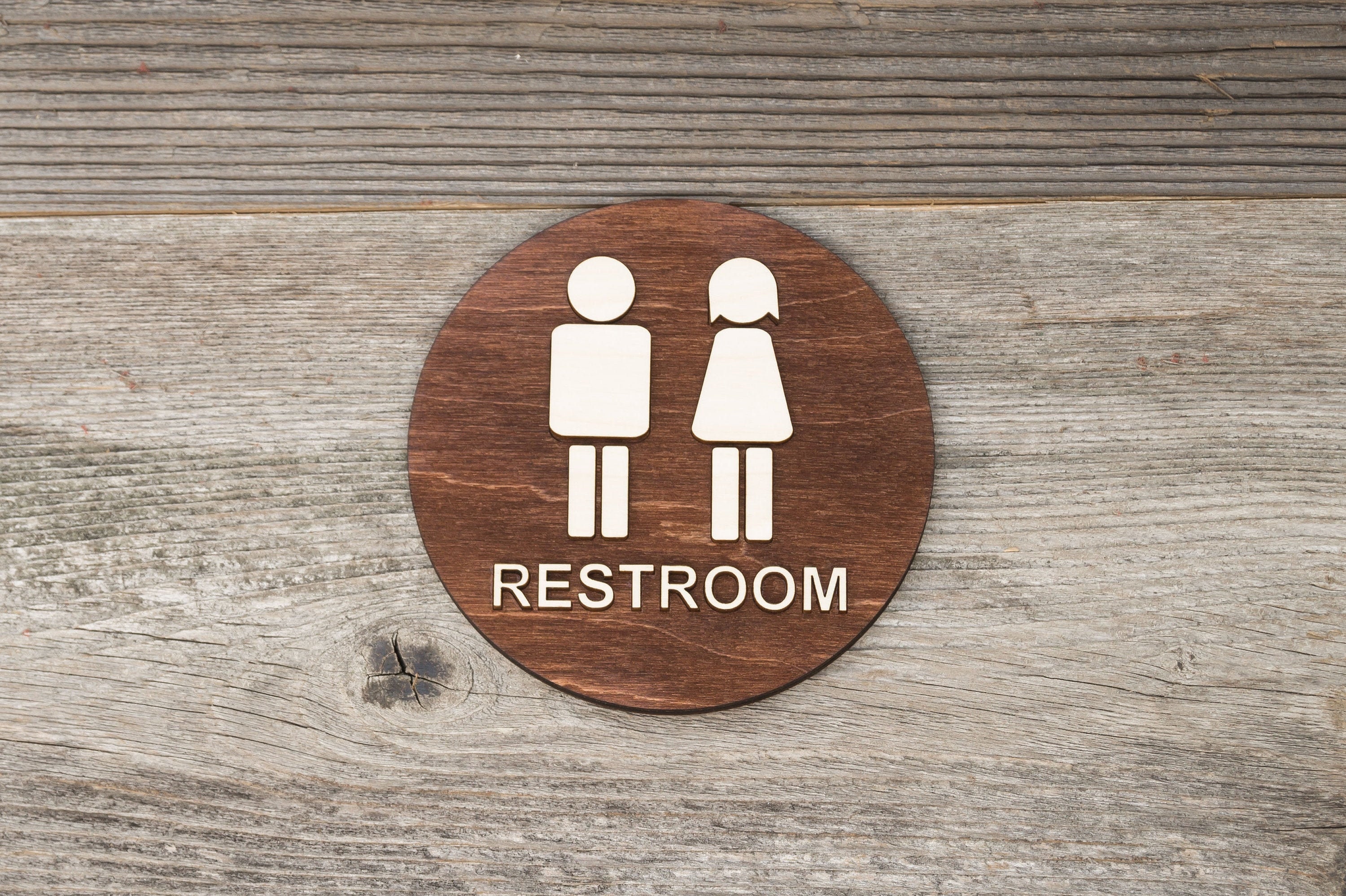 Round Wooden Unisex Restroom Door Sign. Rustic Toilet Plaque. Handmade ...