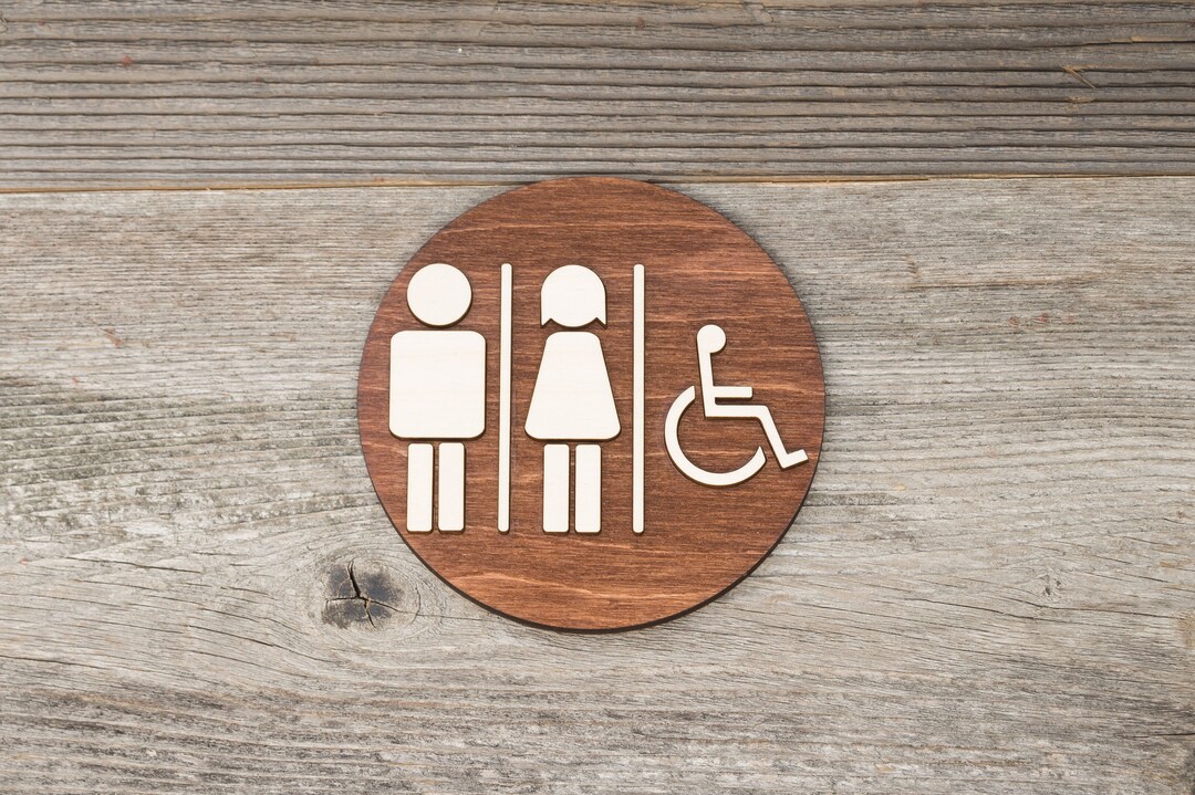 Round Wooden Unisex & Handicapped Restroom Door Sign. Rustic Toilet ...