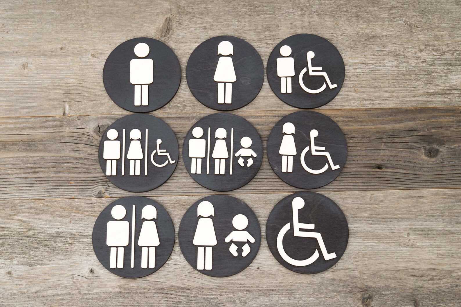 Round Toilet Door Sign. Wooden Rustic Restroom Signs Set. - Etsy
