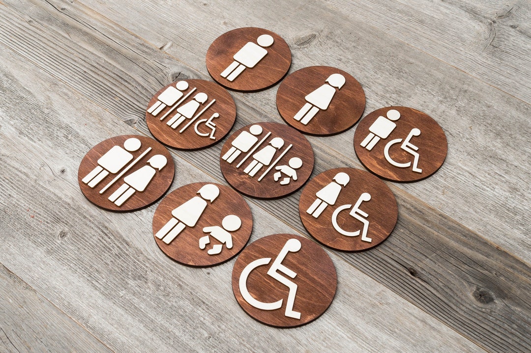 Round Toilet Door Sign. Wooden Rustic Restroom Signs Set. - Etsy