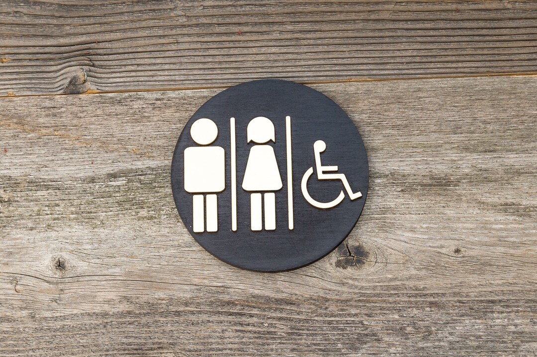 Round Wooden Unisex & Handicapped Restroom Door Sign. Rustic Toilet ...