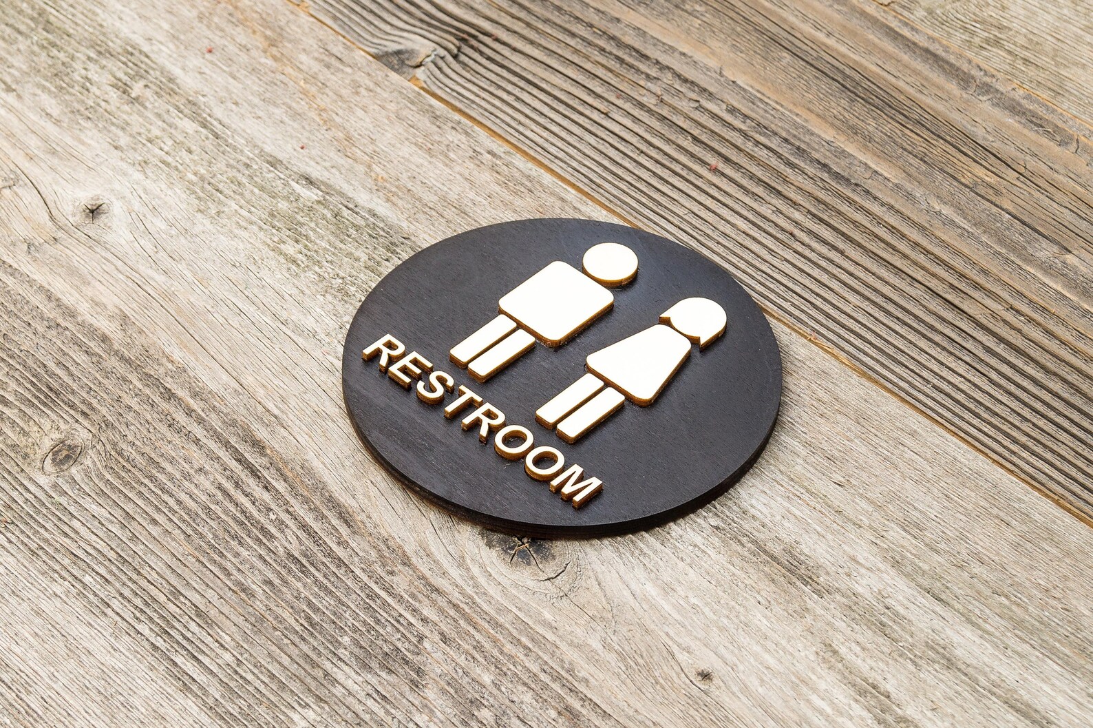 Round Wooden Unisex Restroom Door Sign. Rustic Toilet Plaque. | Etsy