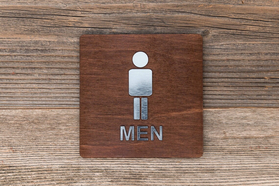 Wooden Men Restroom Door Signs With Faux Metal Insert. Brushed Steel ...