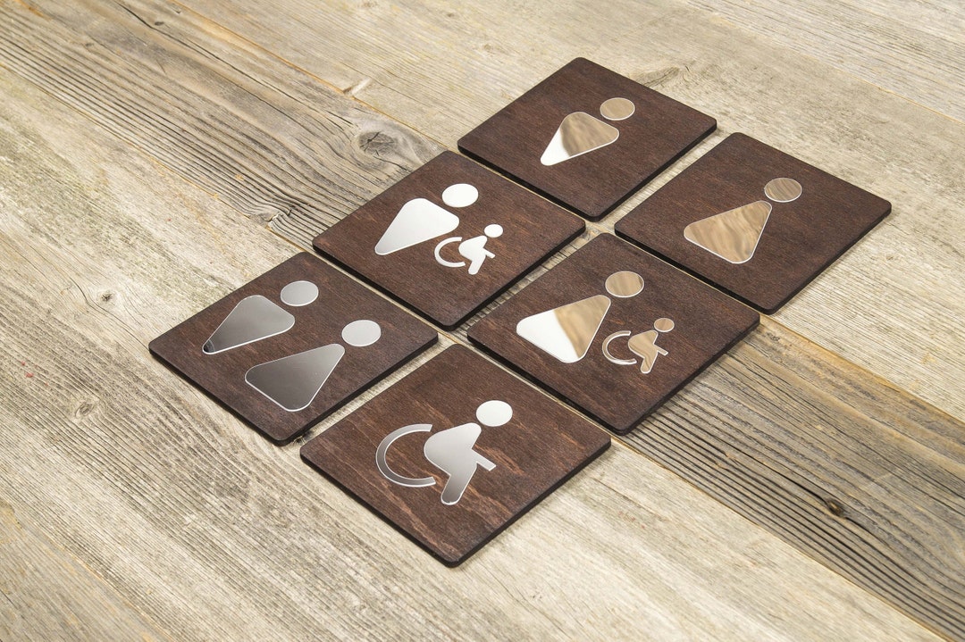 Toilet Door Sign With Mirror Insert. Modern Wooden Bathroom Signs Set ...