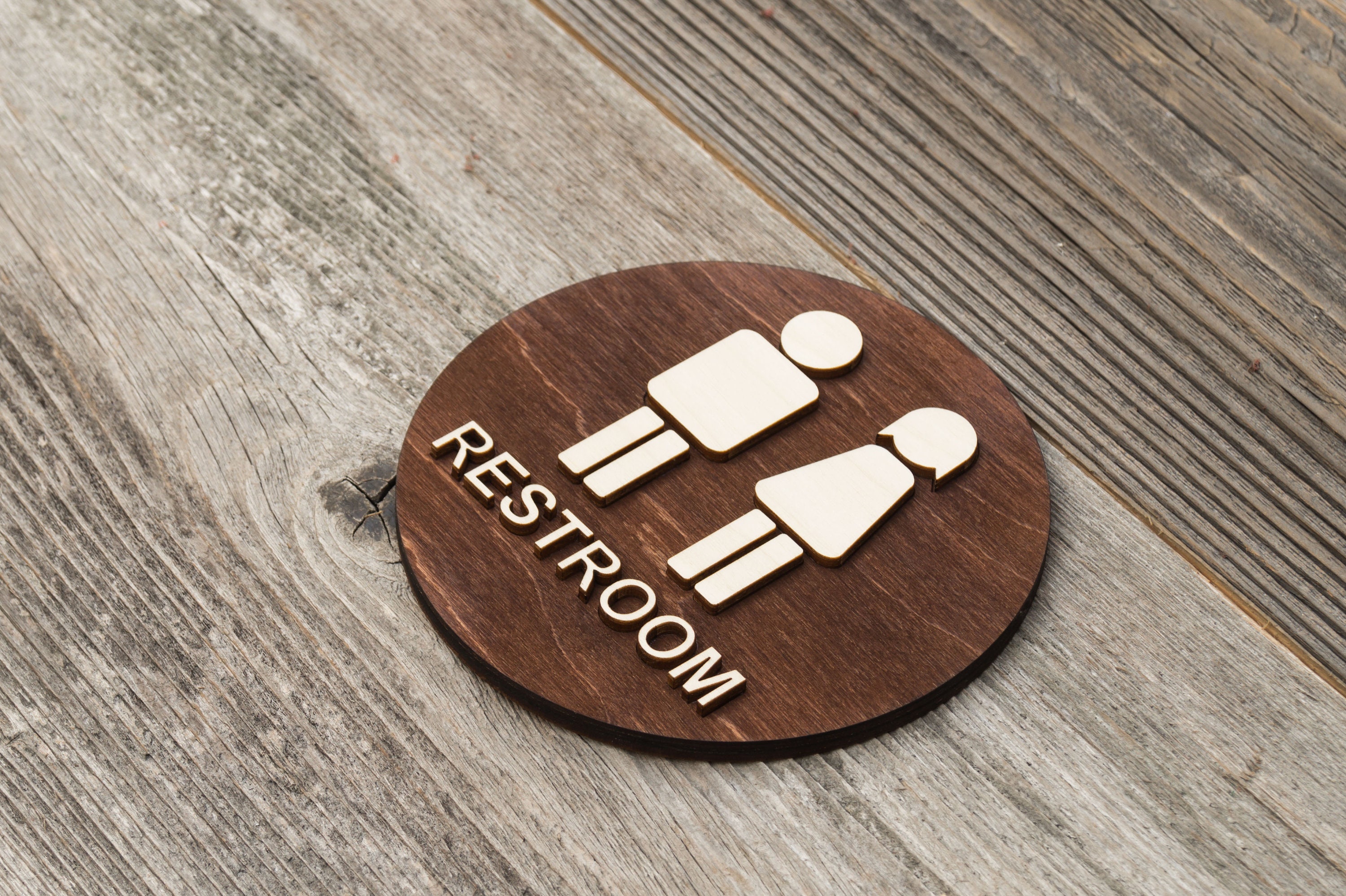 Round Wooden Unisex Restroom Door Sign. Rustic Toilet Plaque. Handmade ...