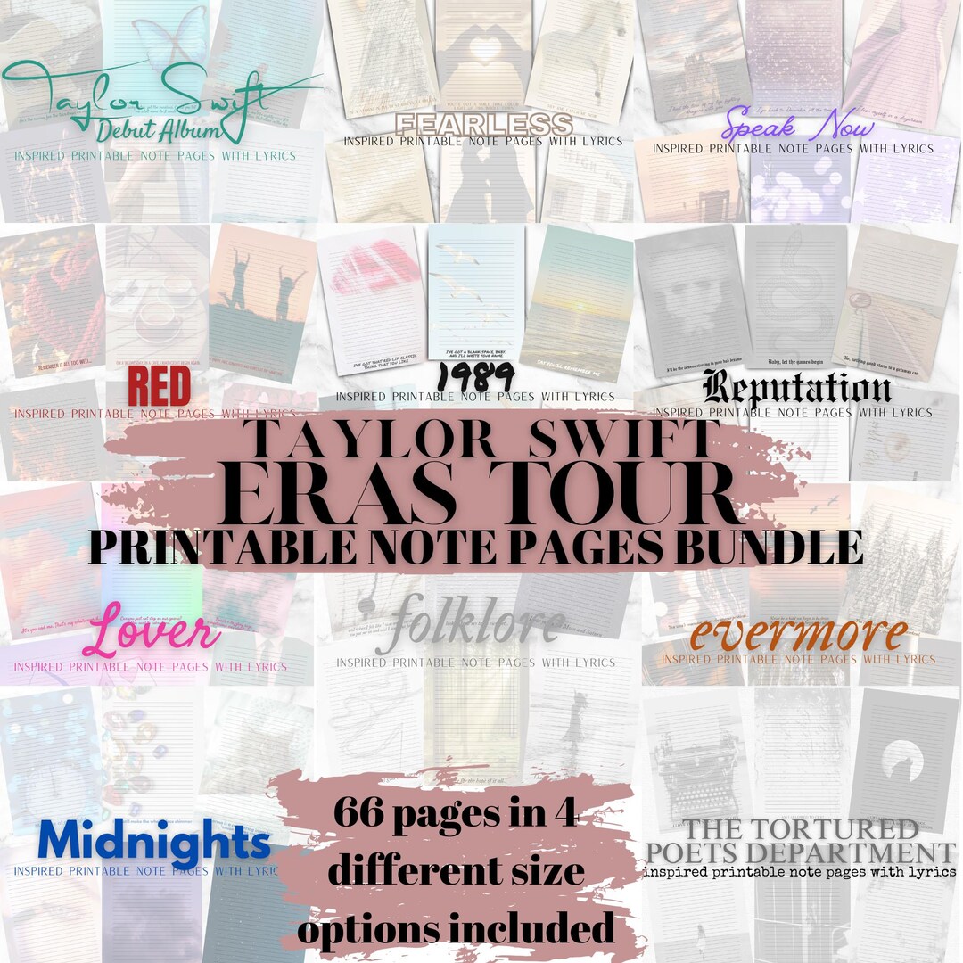 Eras Tour Printable Note Pages Bundle, Taylor Swift Printable Gift ...