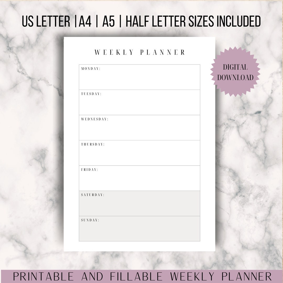 Printable Fillable Weekly Planner: Minimalist Design (digital Download ...