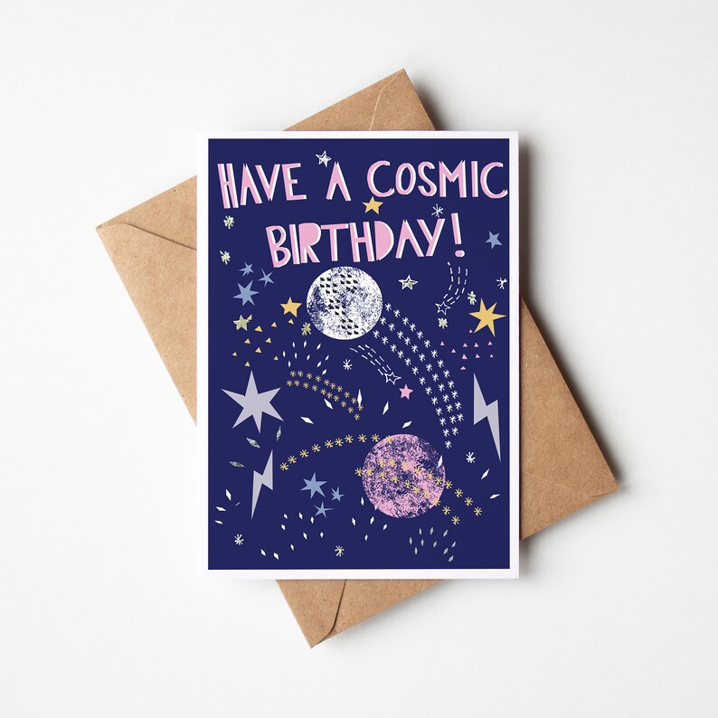 Cosmic Birthday Greeting Card: Stars and Moon, Handmade - Etsy