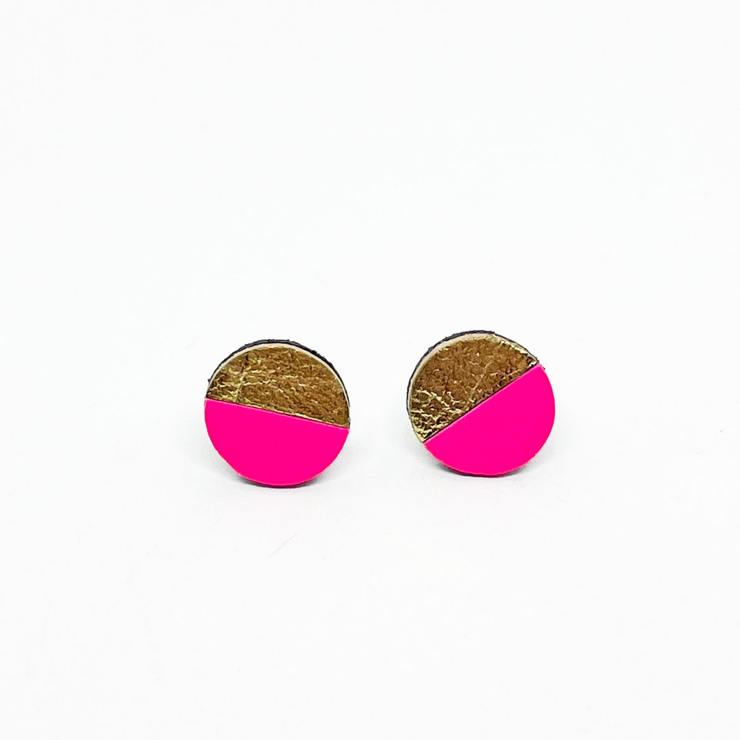 Neon Pink and Gold Studs, Two Colour, Circle Earrings, Recycled Leather ...