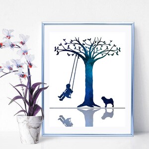 Boy on Swing Watercolor Print, Dog Art, Pug Print, Boy With Pug, Blue ...