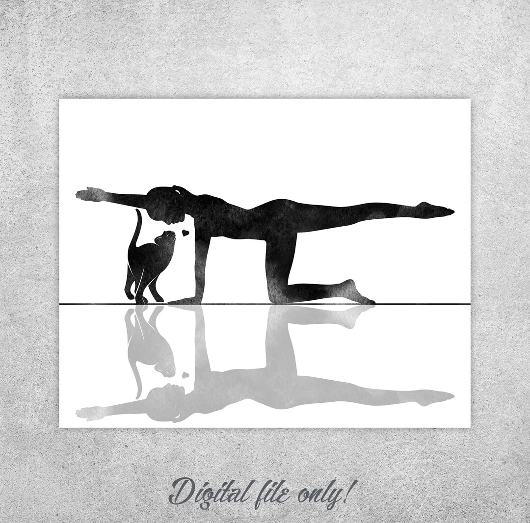 Yoga Print, Woman and Cat, Wall Art, Balancing Cat Cow Pose, Yoga With ...