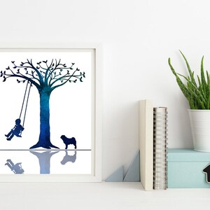 Boy on Swing Watercolor Print, Dog Art, Pug Print, Boy With Pug, Blue ...