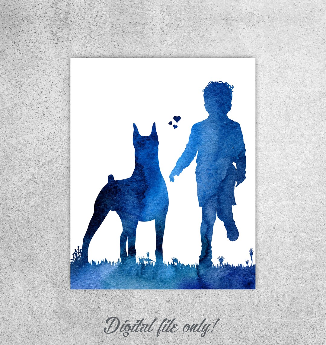 Boys Room Wall Art, Boy With Dog Print, Doberman Watercolor, Little Boy ...