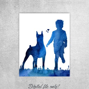 Boys Room Wall Art, Boy With Dog Print, Doberman Watercolor, Little Boy ...