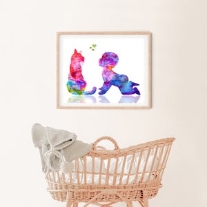 Baby With a Cat, Pregnancy Announcement, Colorful Watercolor Print ...