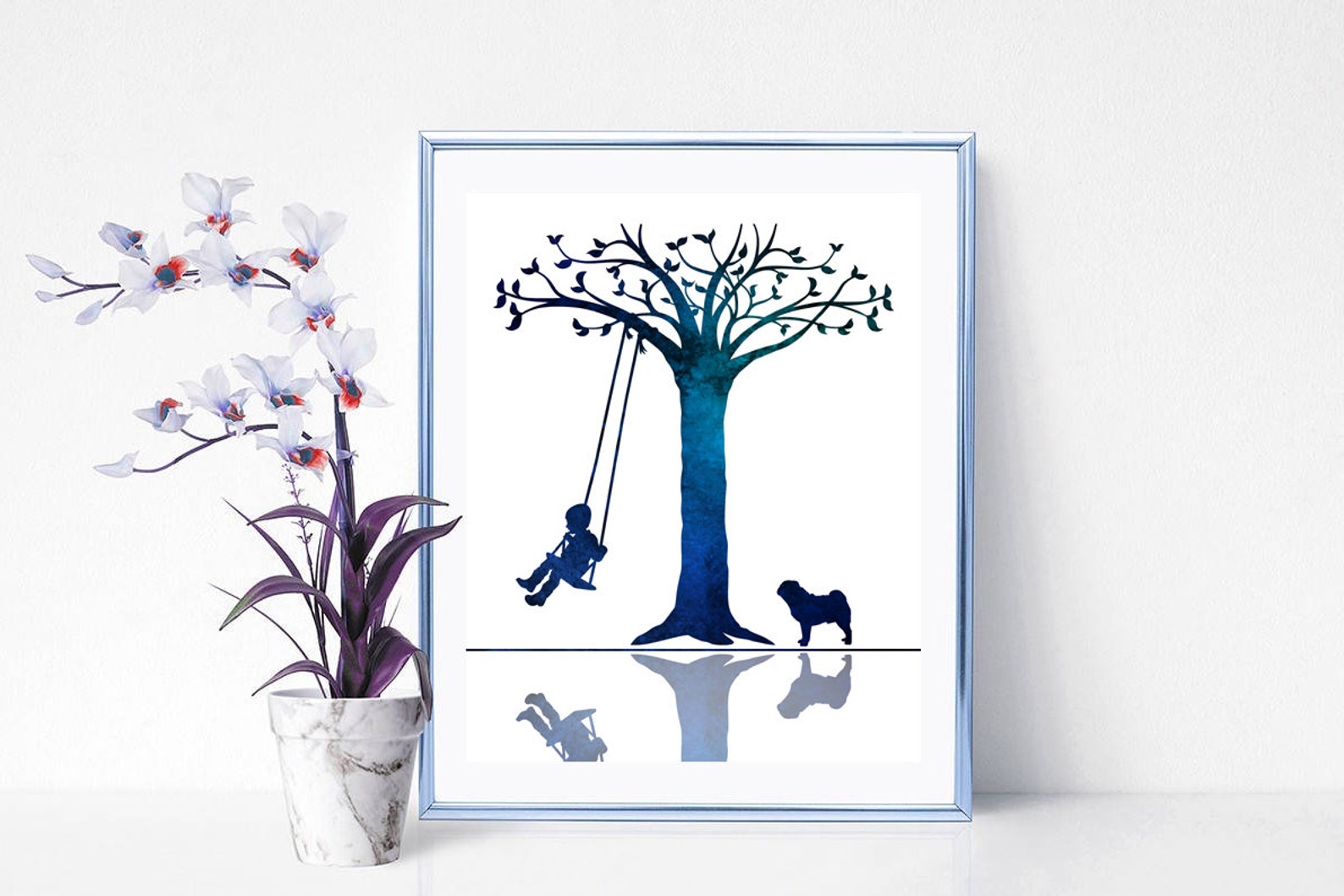 Boy on Swing Watercolor Print Dog Art Pug Print Boy With | Etsy