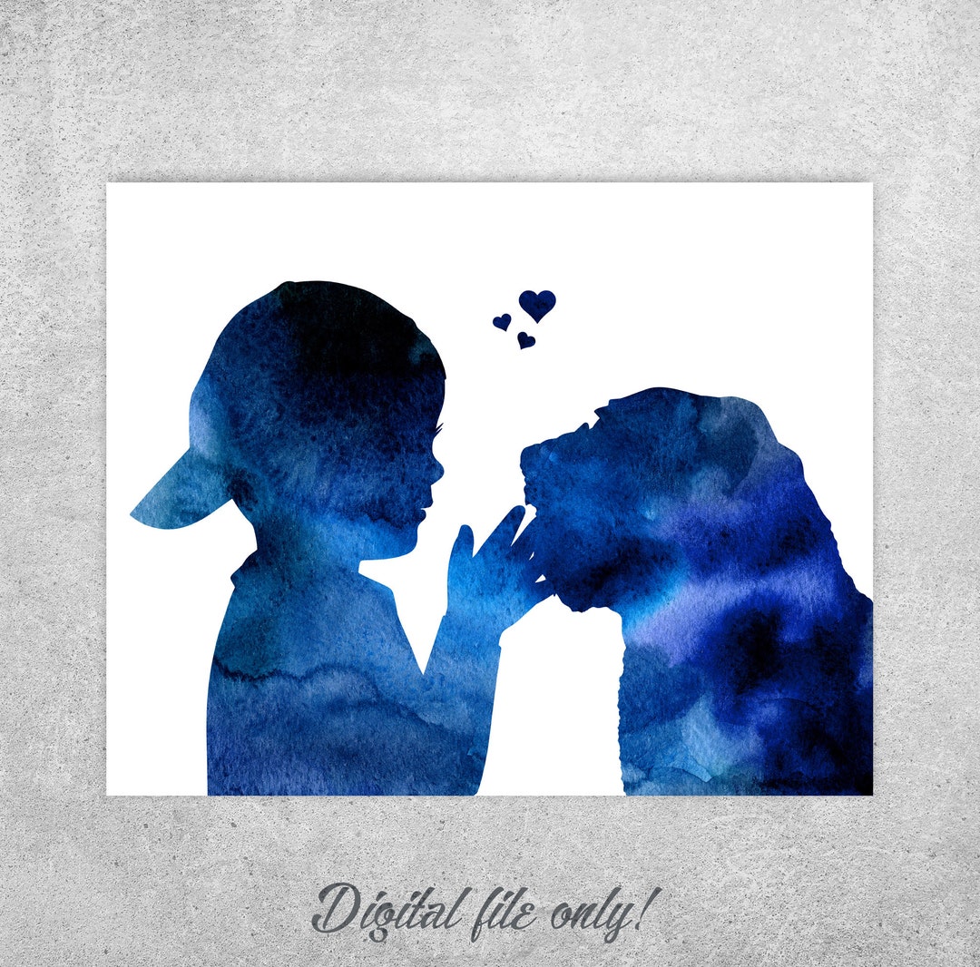 Little Boy With Dog, Doodle Dog Print, Boys Hip Hop Cap, Child Hugging ...