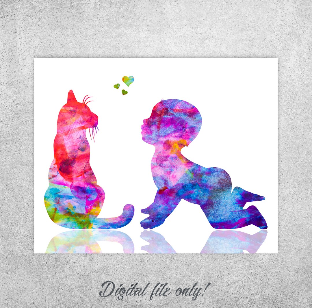 Baby With a Cat, Pregnancy Announcement, Colorful Watercolor Print ...