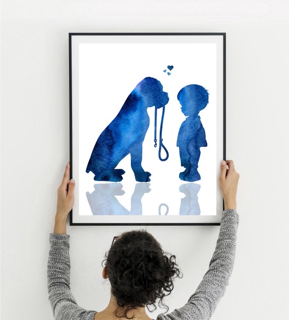 Little boy and a dog Boxer dog print Dog holding a leash | Etsy