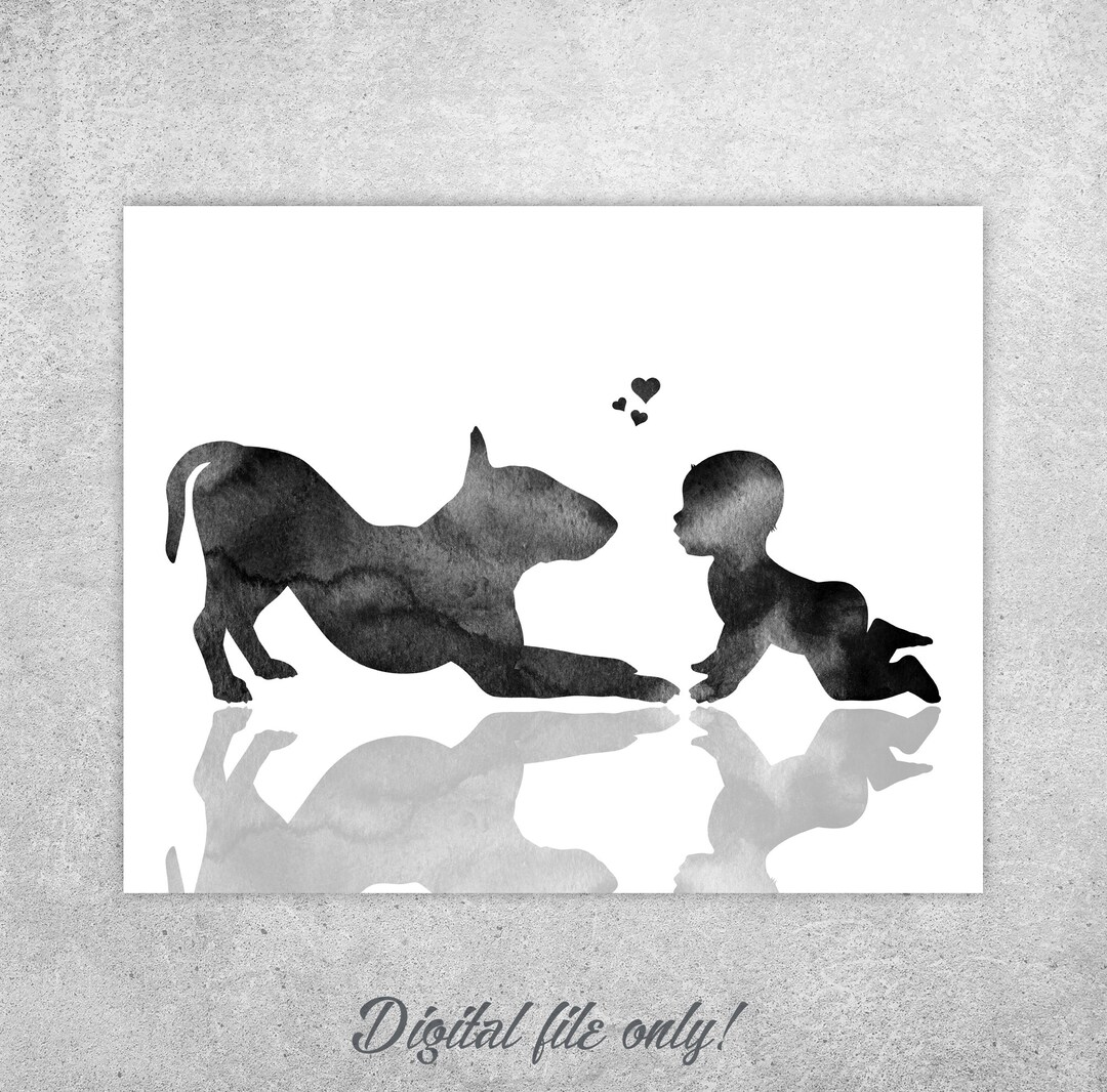 Baby Print, English Bull Terrier Print, Baby and Dog Print, Nursery ...