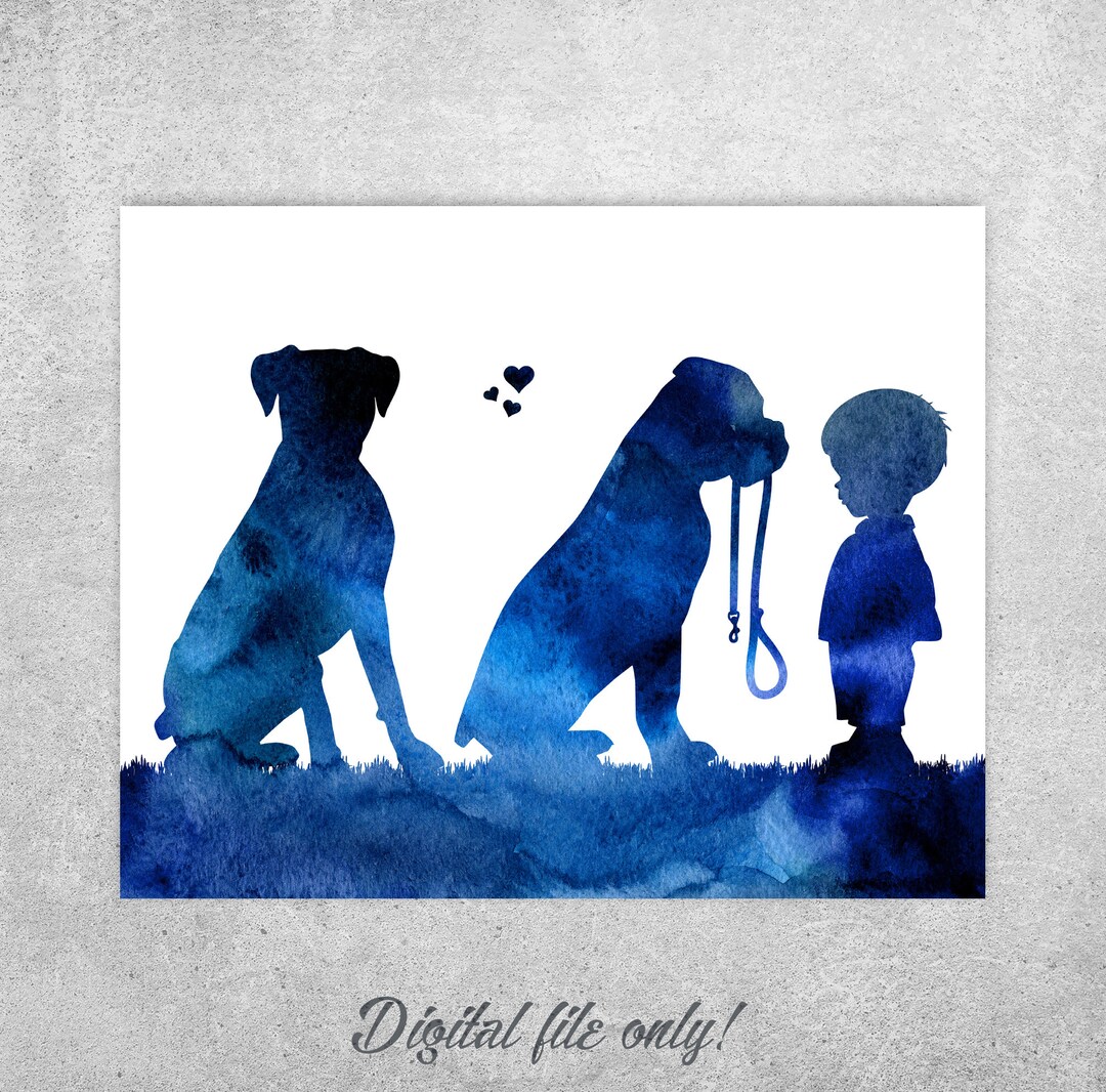 Little Boy With Dogs, Boxer Dogs Print, Dog Holding a Leash, Watercolor ...