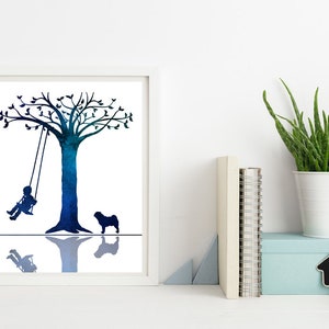 Boy on Swing Watercolor Print, Dog Art, Pug Print, Boy With Pug, Blue ...