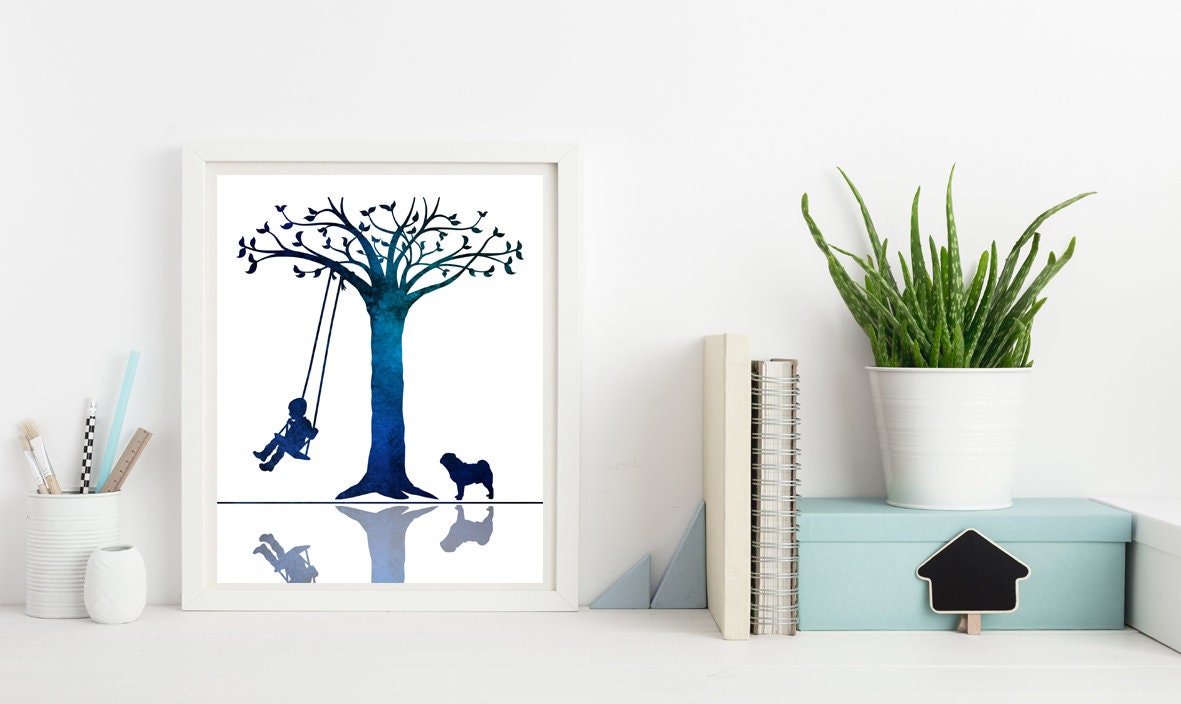 Boy on Swing Watercolor Print Dog Art Pug Print Boy With | Etsy