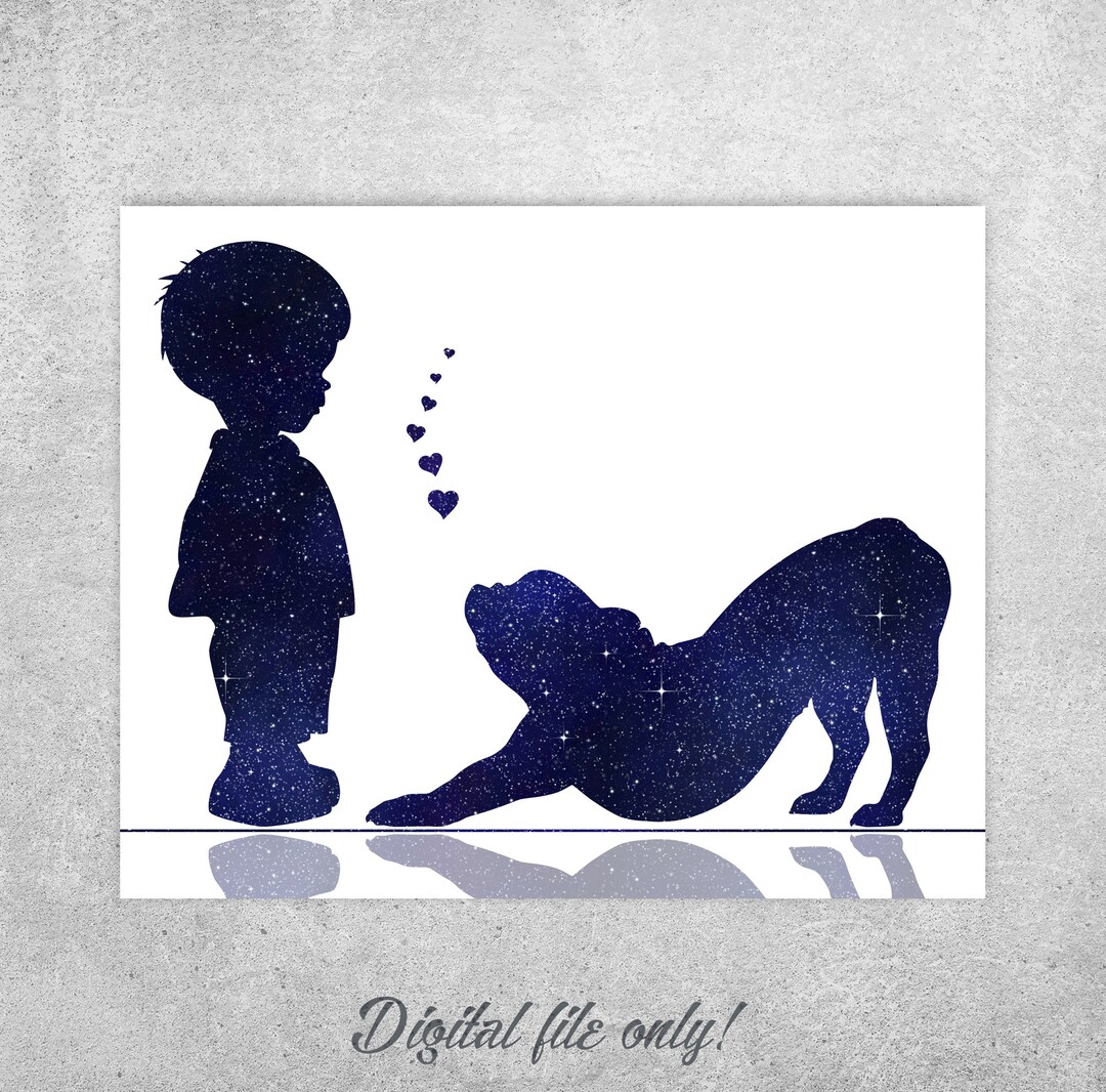 Little Boy With Dog Print, Galaxy Art, Boy and English Bulldog, Nursery ...