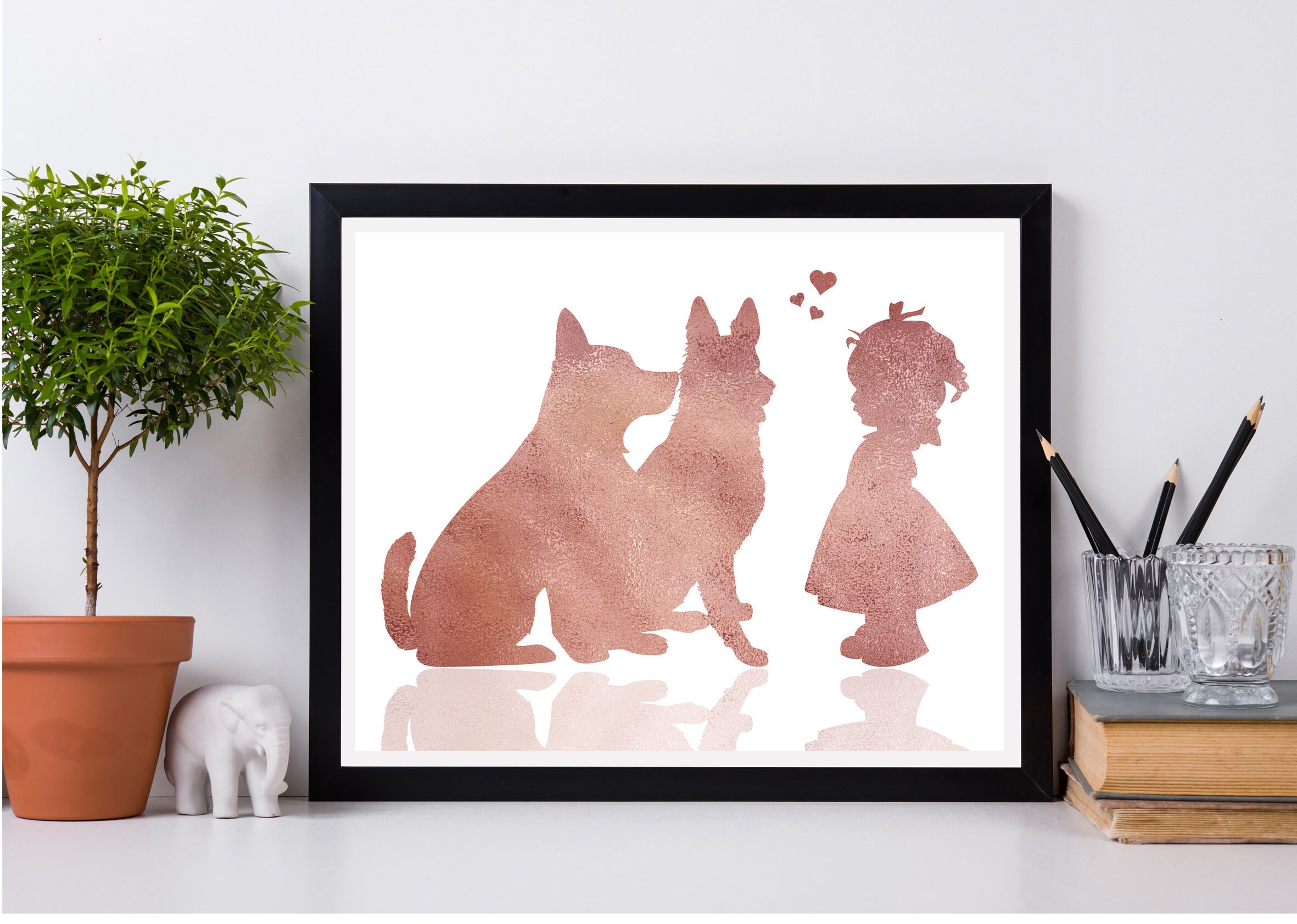Little girl with 2 Shepherds art print Toddler girl and dogs | Etsy