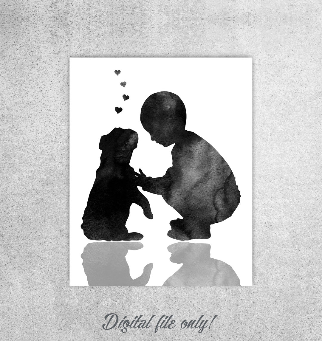 Boy With English Bulldog Printable Art, Boy and Dog, Black Watercolor ...