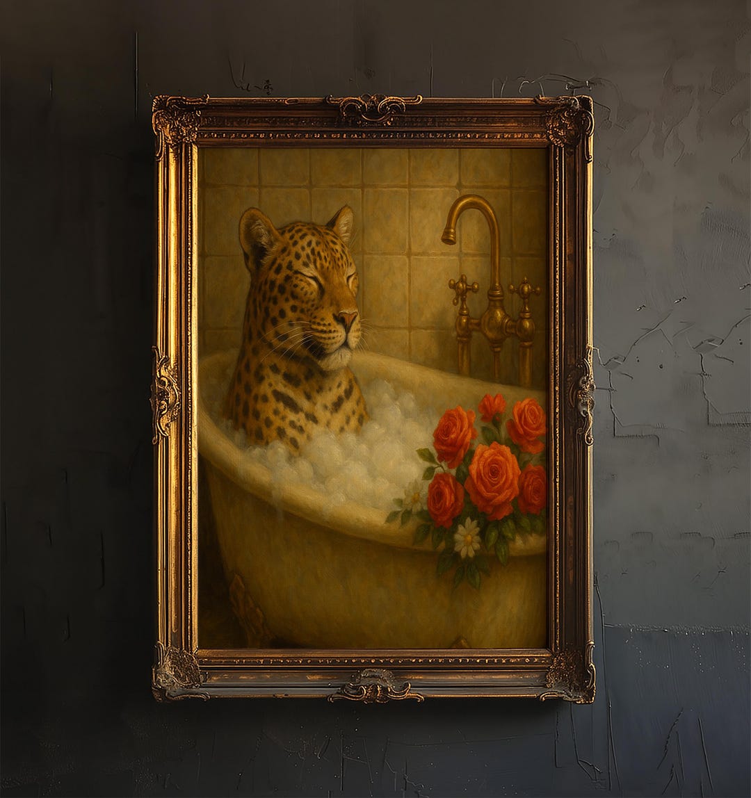 Leopard Bubble Bath Art Print | Jungle Cat Bathroom Decor | Vintage Tub ...