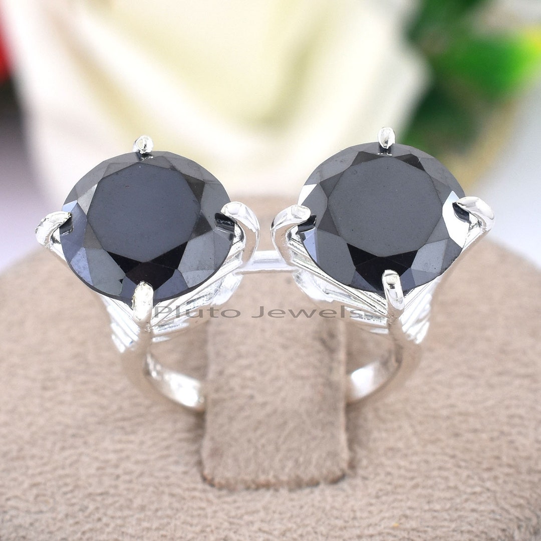 10ct Certified Black Diamond Solitaire Twin Ring , 925 Silver ...