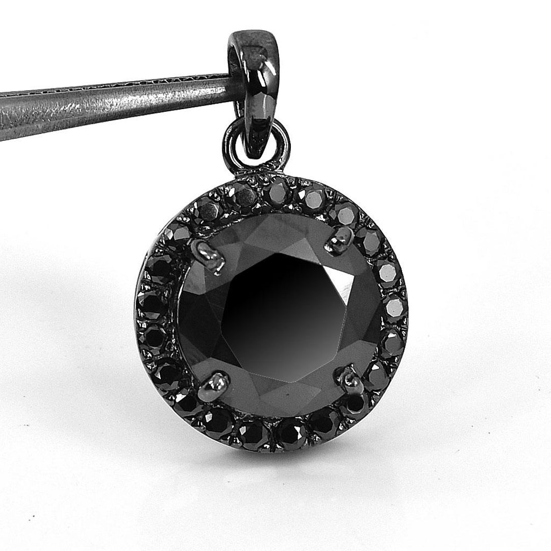 10ct Black Diamond Pendant With a Halo of Black Diamonds, Excellent Cut ...
