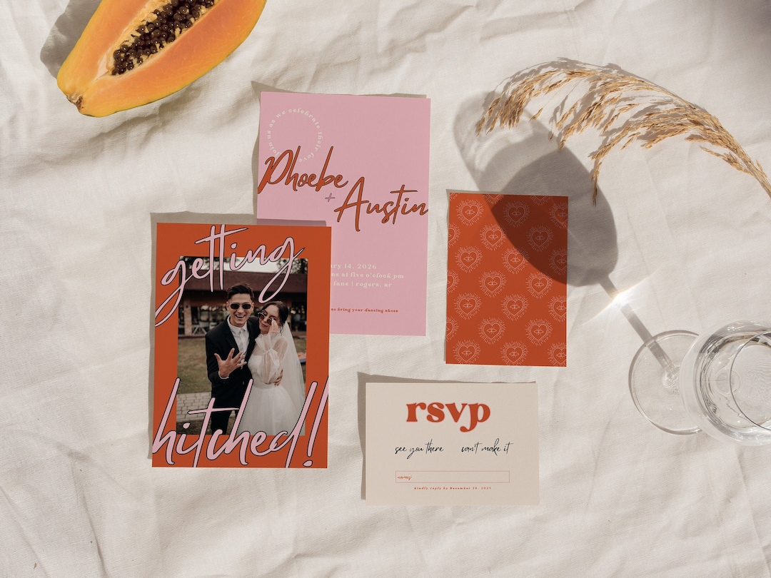 Colorful Wedding Invite, Retro Wedding Invitation, Bright Wedding ...