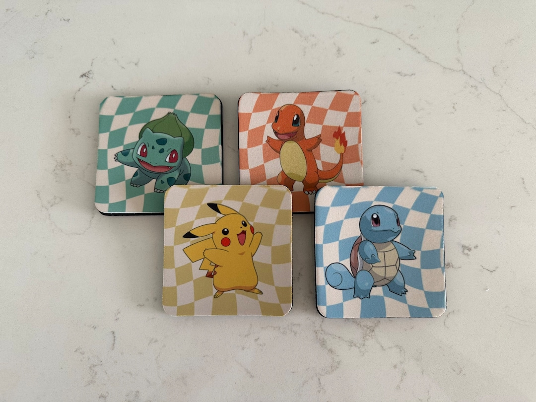Retro Checkered Pokémon Rubber Base Drink Coaster Set Featuring Pikachu ...