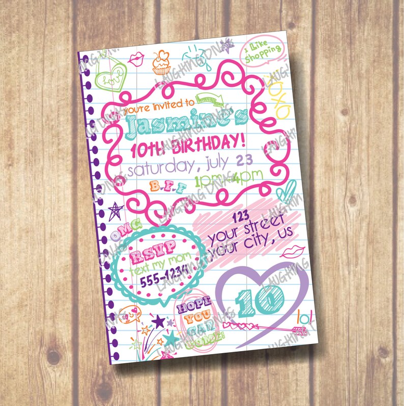 Doodle Notebook Sleepover Invitation Tween Teen Birthday Invite