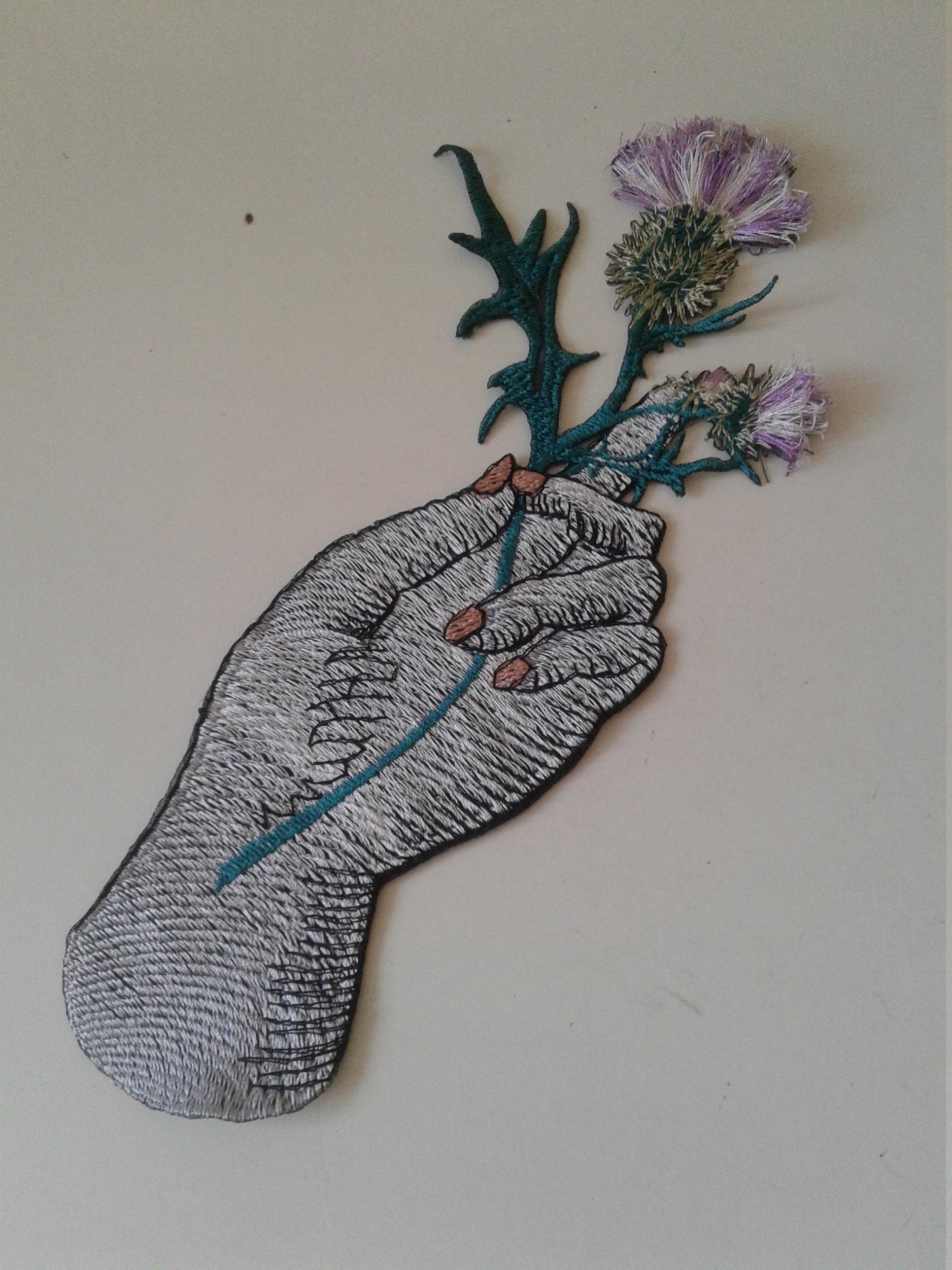 Moks183(p) Large Hand With Thistle Flower - Embroidered Patch - Etsy