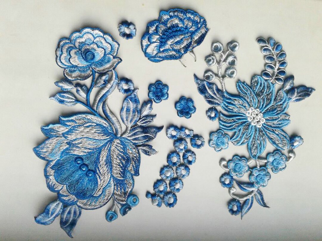 Moks103(p) Set Fantasy Blue Flowers Embroidery Patch, Designer Patch ...